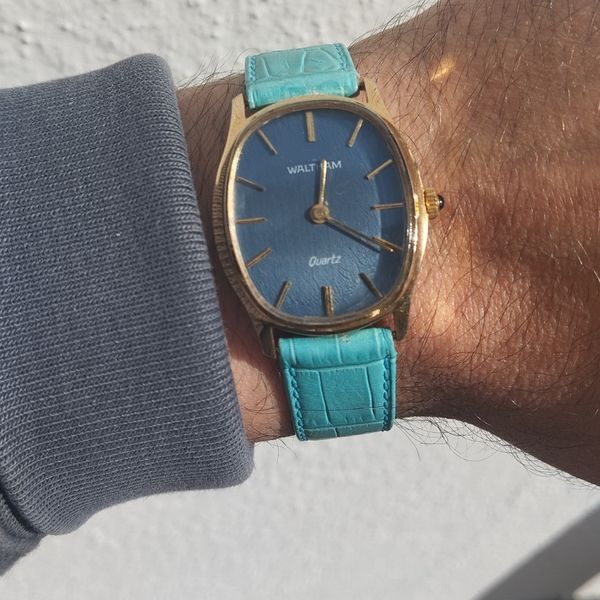 Vintage Waltham Tank Watch Ellipse Brushed Dial & Blue "Tiffany" Strap ...