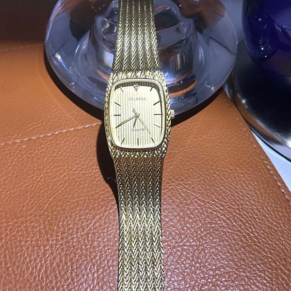 HELBROS: Goldtone Face, Case, Bezel & Band Ladies Watch. 51581D ...