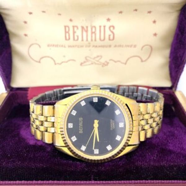 Benrus Men's Gold Tone Quartz Watch Black Dial W/ Original Box ...