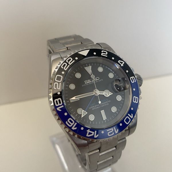 Seiko mod Batman Oyster GMT Open Back Watch stainless steel UK ...