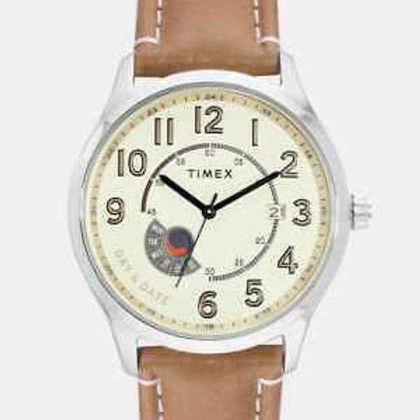 Timex Quartz Unique Day Date Cream Big Numeral Dial Men's Steel Watch ...