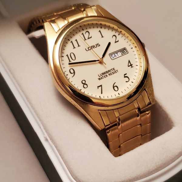 Lorus By Seiko Lumibrite Day Date Gold Tone Mens Bracelet Watch + Box ...