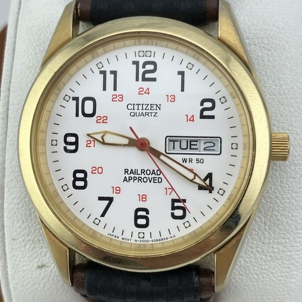 Vtg Citizen Men 35mm Watch Gold Tone Railroad Approved Day/Date Leather ...