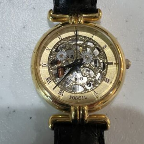 Fossil Watch Men Skeleton Stainless Steel Gold WR Black Leather Battery ...