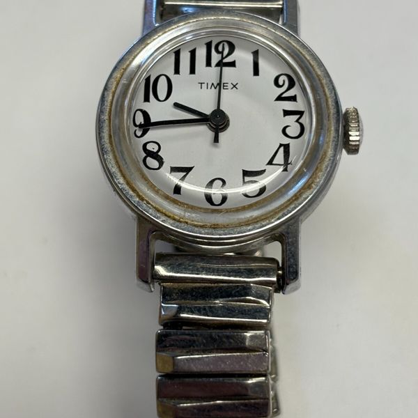 Timex Vintage Mechanical Larger Numbers White Dial Wind Up Ladies Watch ...