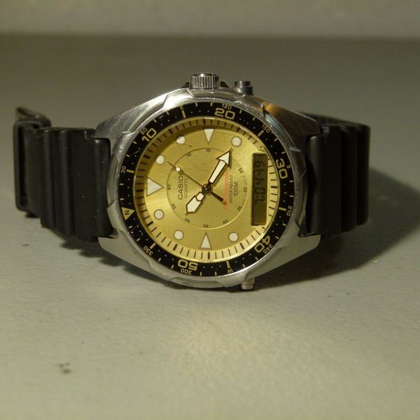 MENS CASIO METAL GOLD FACE AMW 320C DIVERS ANA DIGI WATCH JAPAN K 358 ...