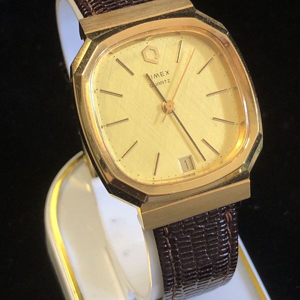 Vtg TIMEX Q M Cell Square Quartz Unisex Watch Date Gold Tone NEW ...