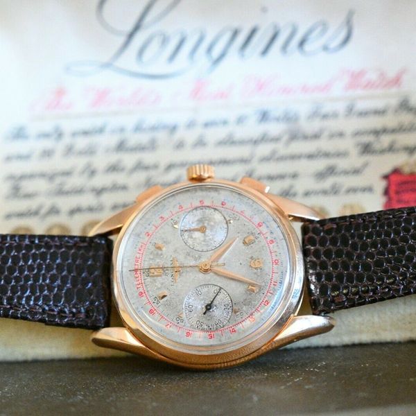 1957 Longines 6595 Cal 30CH 18K Rose Gold Flyback Chronograph 37mm RARE ...