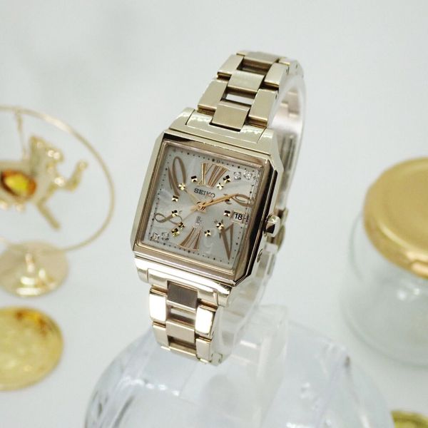 Seiko Lukia 100th Anniversary 1B22-0AL0 Solar Women's Watch Gold Square ...