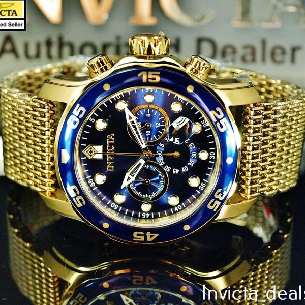 Invicta Men's 48mm Pro Diver SCUBA Chronograph BLUE DIAL Gold Tone MESH ...