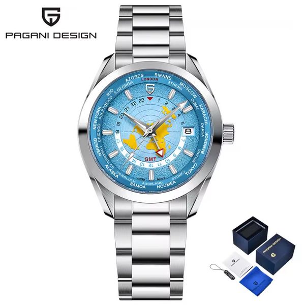NIB PAGANI DESIGN PD1788 SEIKO NH34 WORLD GMT STEEL WATCH ICE BLUE ...