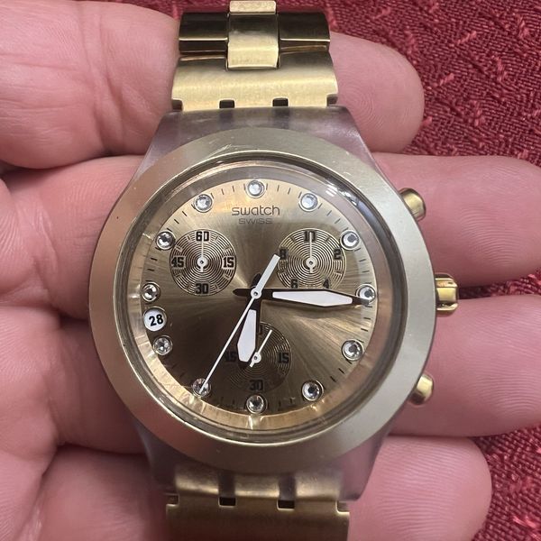 AG 2005 Swatch Swiss Irony Diaphane Chronograph Clear Gold Tone Watch ...