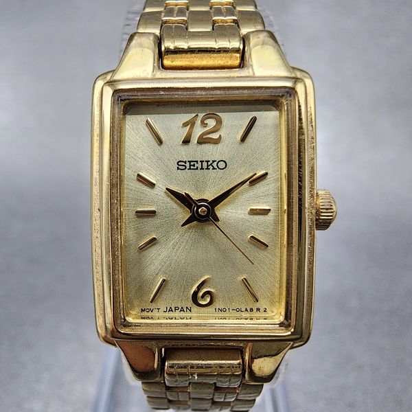 Seiko Tank Watch Women 16mm Champagne Dial Gold Tone Rectangle 1N01 ...