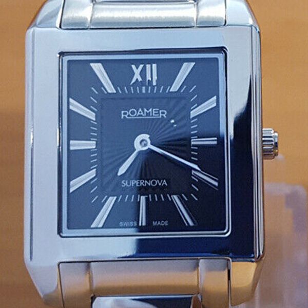 Ladies Silver Bracelet Swiss Roamer Supernova Black Square Analog Watch ...