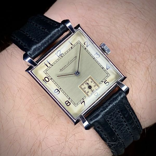 1940s Jaeger Lecoultre Square Stainless Cased watch, tear drop lugs ...