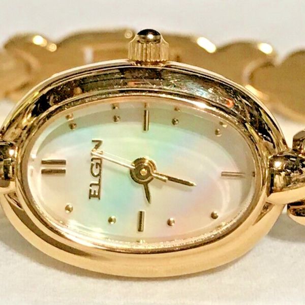 Vintage Elgin Quartz Crystals Mother of Pearl Dial Ladies Dress Watch ...