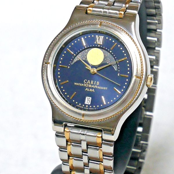 SEIKO ALBA CARIB Watch V338-6B30 1992 Navy Blue Moon Phase Date ...