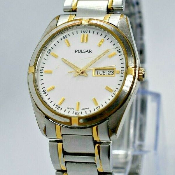 Men's PULSAR by Seiko VX33-X086 Day/Date Two-Tone Silver/Gold Tone Steel Watch | WatchCharts ...