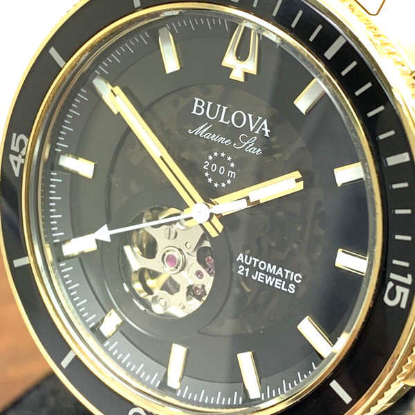Bulova Men's Watch 97A174 Marine Star Automatic Black Dial Gold Tone ...