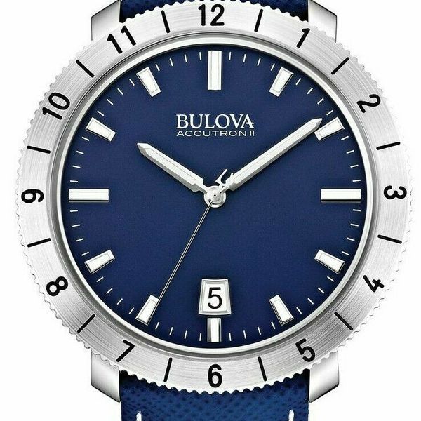 Bulova Accutron II Men's Quartz Date Indicator Blue Leather 42mm Watch ...