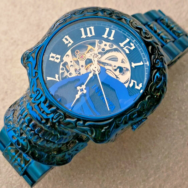 Invicta Artist Skull Automatic Skeletonized Blue Watch 7" Wrist Winds ...
