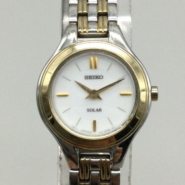 Seiko Solar Watch Women Silver Gold Dual Tone V114-0AB0 White Dial 7 ...
