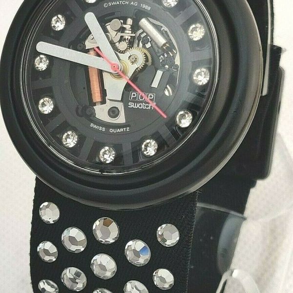 Pop SWATCH 1988 Pop Diva Swiss Quartz Clear Skeleton Dial Black Elastic ...