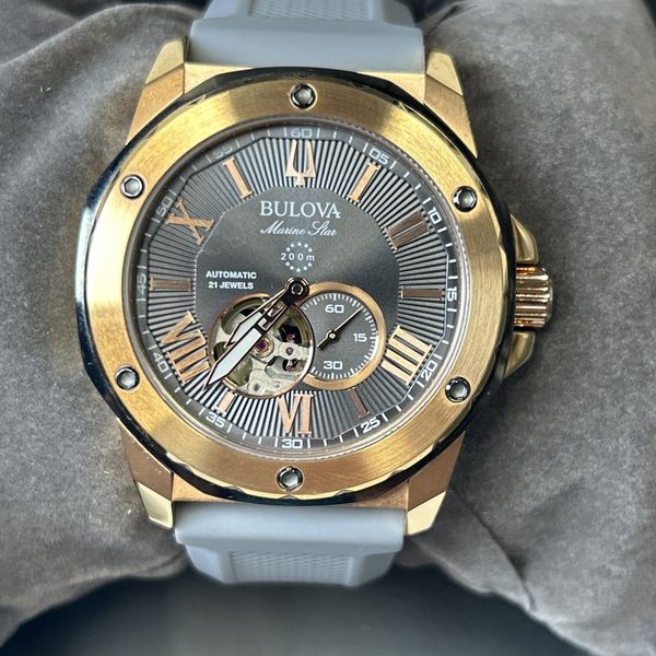 BULOVA Marine Star 98A228 Rose Gold Mens Automatic Gray Band Men's ...