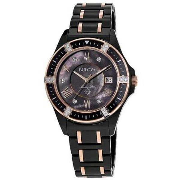 New Bulova Marine Star Black Mother of Pearl Dial Diamond Women's Watch ...