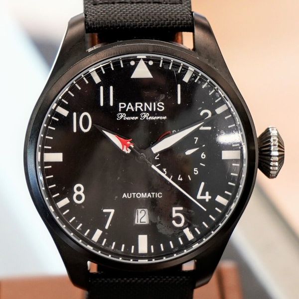 PARNIS Automatic Watch Power Reserve Large Pilot Style Black Wristwatch ...