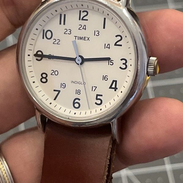 TIMEX WEEKENDER CLASSIC men's silver WATCH military white dial leather ...