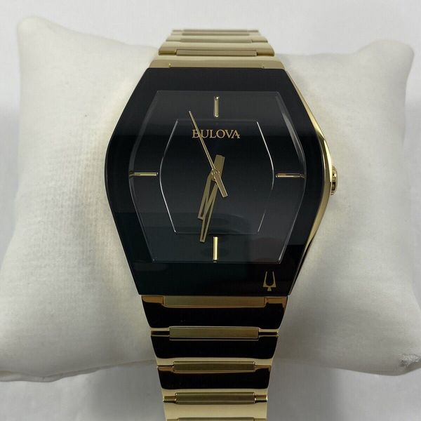 Bulova Futuro Gemini Black Dial Gold Tone Stainless Steel Men's Watch ...
