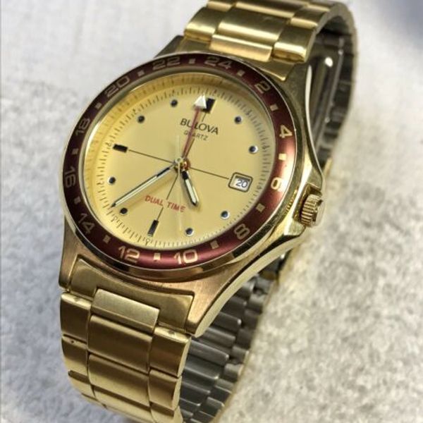BULOVA Dual Time 35mm Date Gold Tone Wrist Watch EXCELLENT CONDITION ...