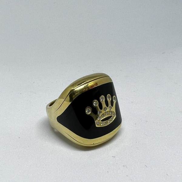 18ct yellow gold black enamel diamond Rolex logo crown pinky ring size ...