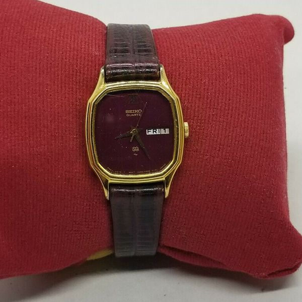 RARE SEIKO 8523-5079 Women's Quartz Burgundy Dial Watch Leather Band ...