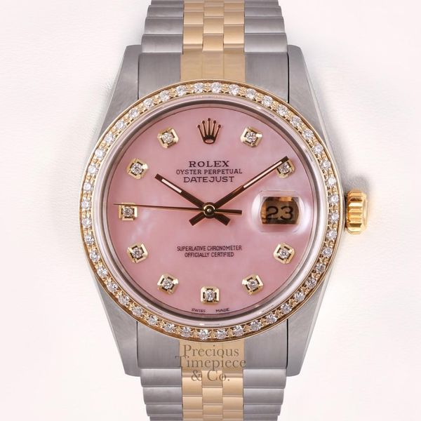 Rolex Datejust 2 Tone 36mm SS/ 18k Diamond Bezel Watch-Pink MOP Diamond ...