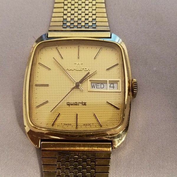 Vintage Men's HAMILTON Square 9088 Swiss Quartz Day Date Gold Tone ...