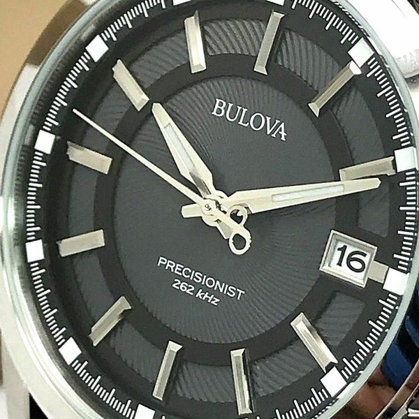 Bulova Precisionist 96B158 Men's Black Dial Leather Strap Quartz Date ...