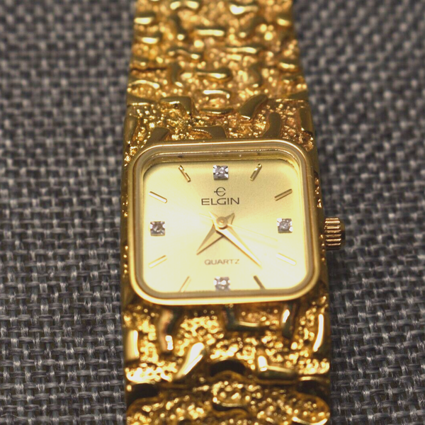 Vintage Elgin 14K Gold Nugget Plated 4Faux Diamonds Wrist Watch EG104 ...