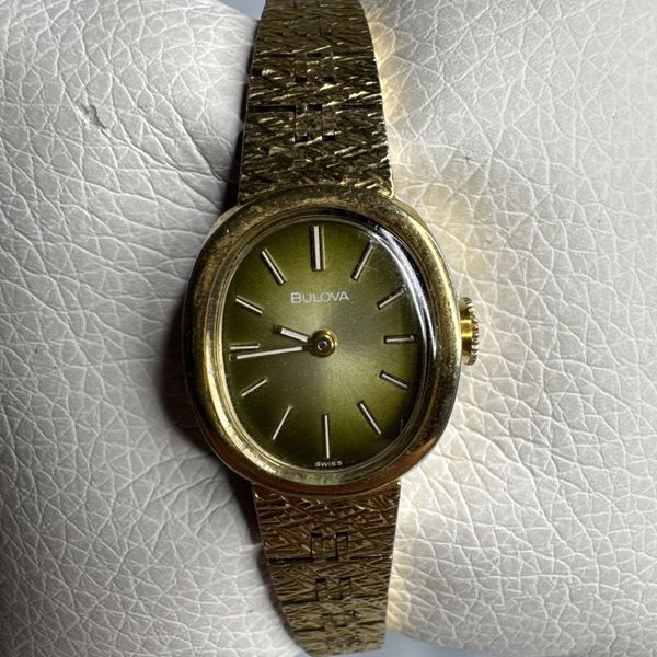 Vintage Bulova Ladies Mechanical Watch 16mm Gold Tone Green Dial N5 ...