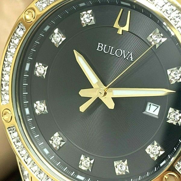 Bulova Men's Watch 98K107 Quartz Black Dial Crystals Gold Tone S. Steel ...