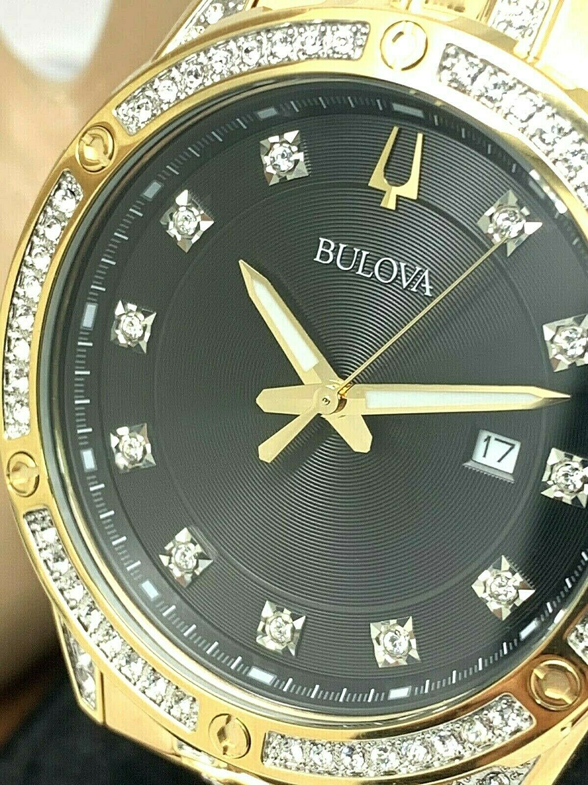 Bulova Men's Watch 98K107 Quartz Black Dial Crystals Gold Tone S. Steel ...