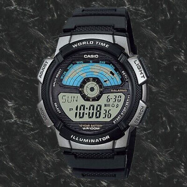 Casio AE-1100W-1AV World Time 100m WR Watch Map 5 Alarms 10 Year ...