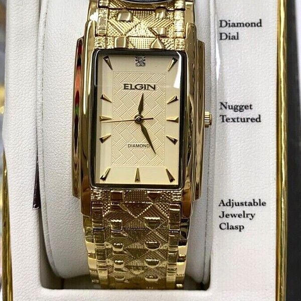 New Elgin Men's Luxury Gold Tone Diamond Rectangle With Gold Dial Watch ...