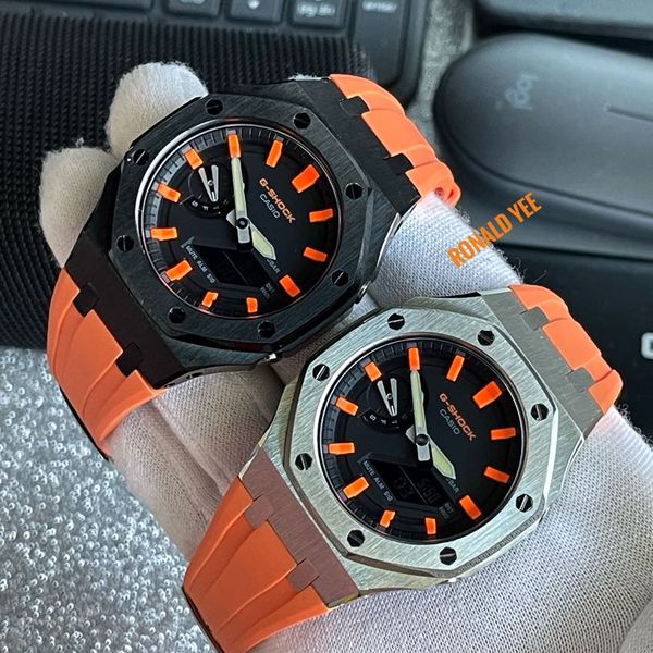 AUTHENTIC CASIOAK GA-2100SU-1 WITH CUSTOM DIAL IN ORANGE , METAL BEZEL ...