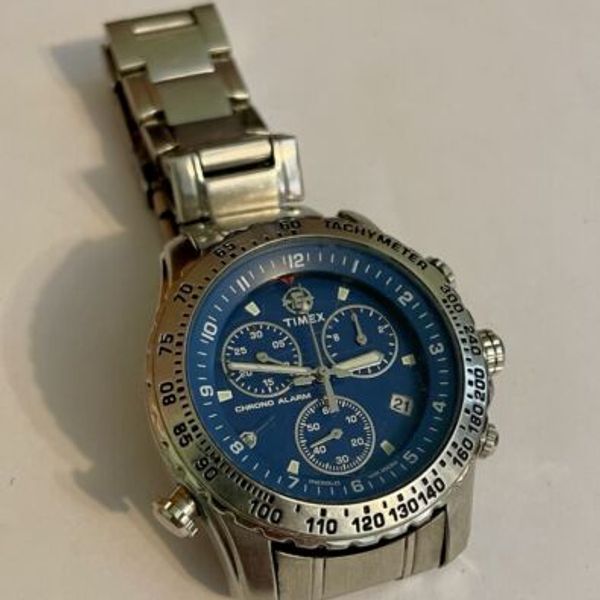 Timex 922 Chrono Alarm Tachymeter Indiglo WR100M Stainless Blue Dial ...