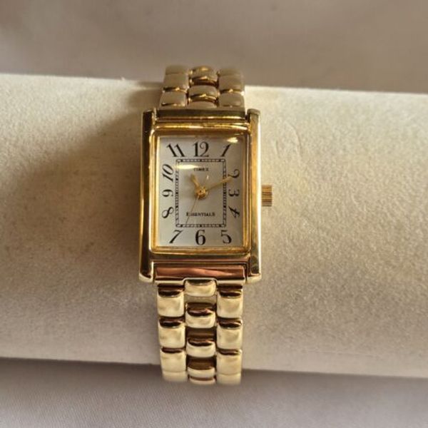 Vtg TIMEX Tank Womenâ s Watch Gold Tone Bracelet White Roman Numerals ...