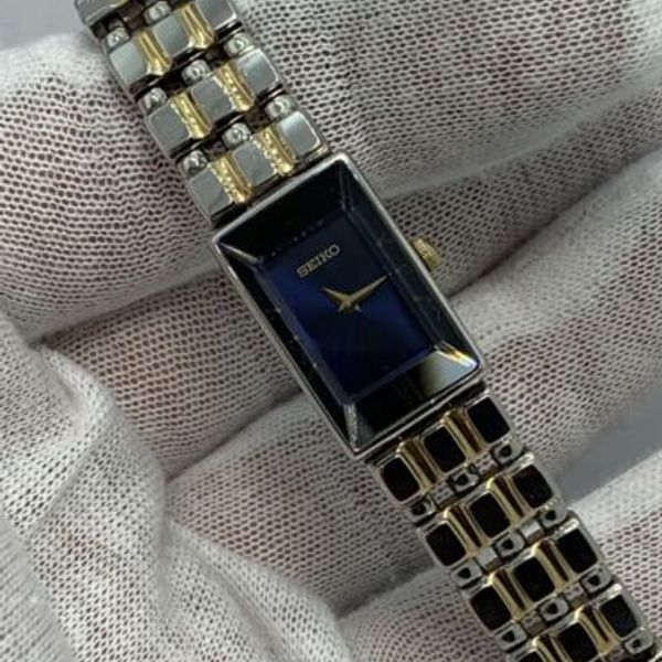 SEIKO V220-5A00 LADIES SAPPHIRE BLUE TWO TONE RECTANGLE WATCH 14mm New ...