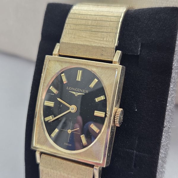 Vintage Longines 1966 10K Gold Filled Stretch Watch Black Oval Face ...