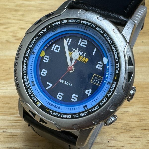 VTG Timex Reef Gear Quartz Watch Men Analog Alarm Silver Blue Date New ...